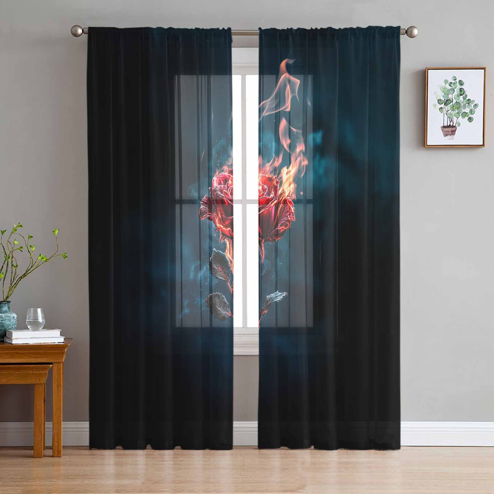 Red Rose Black Sheer Curtains 72 Inch Length 2 Panels Set for Living ...