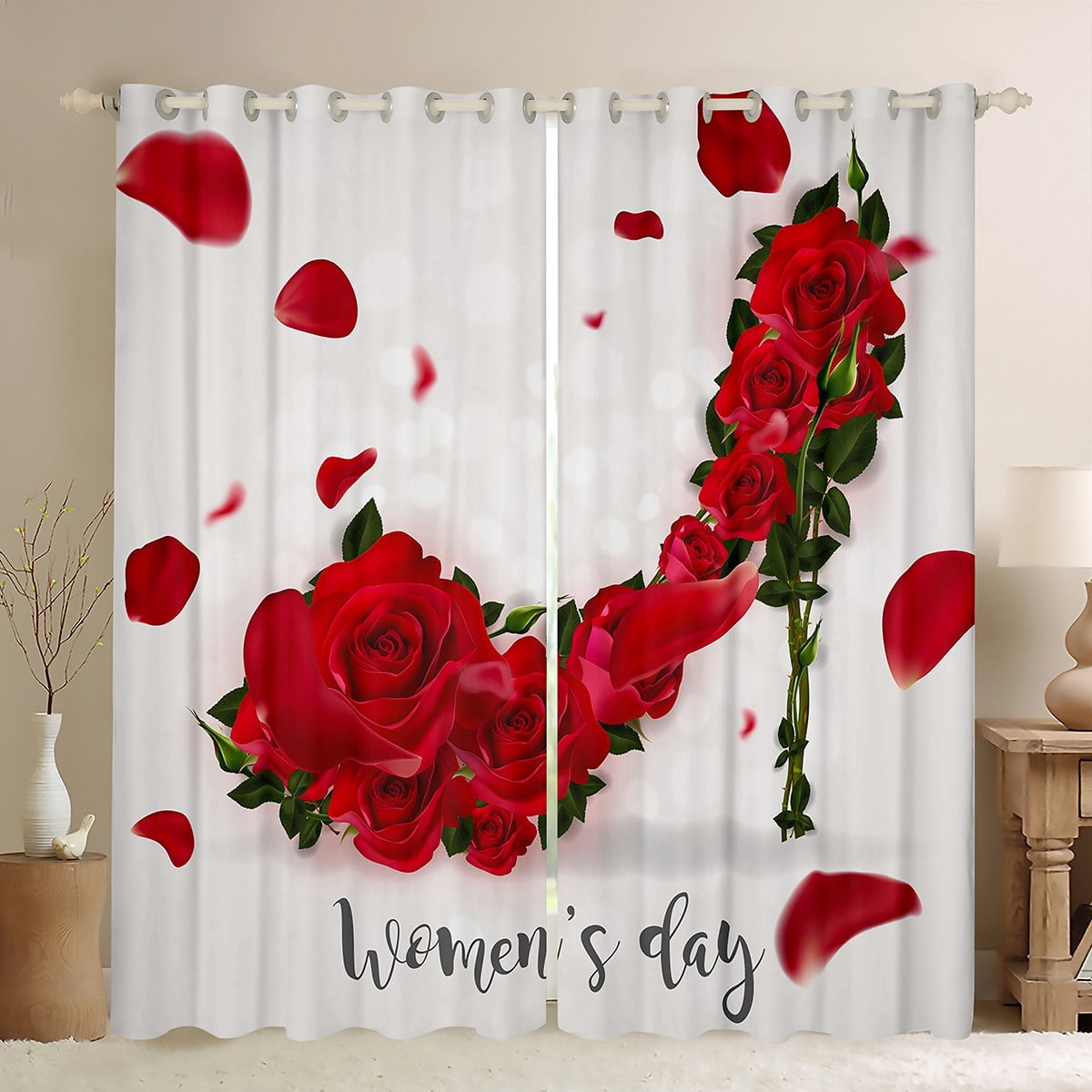 Red Rose Blackout Curtains Romance Floral High Heel Curtains & Drapes ...