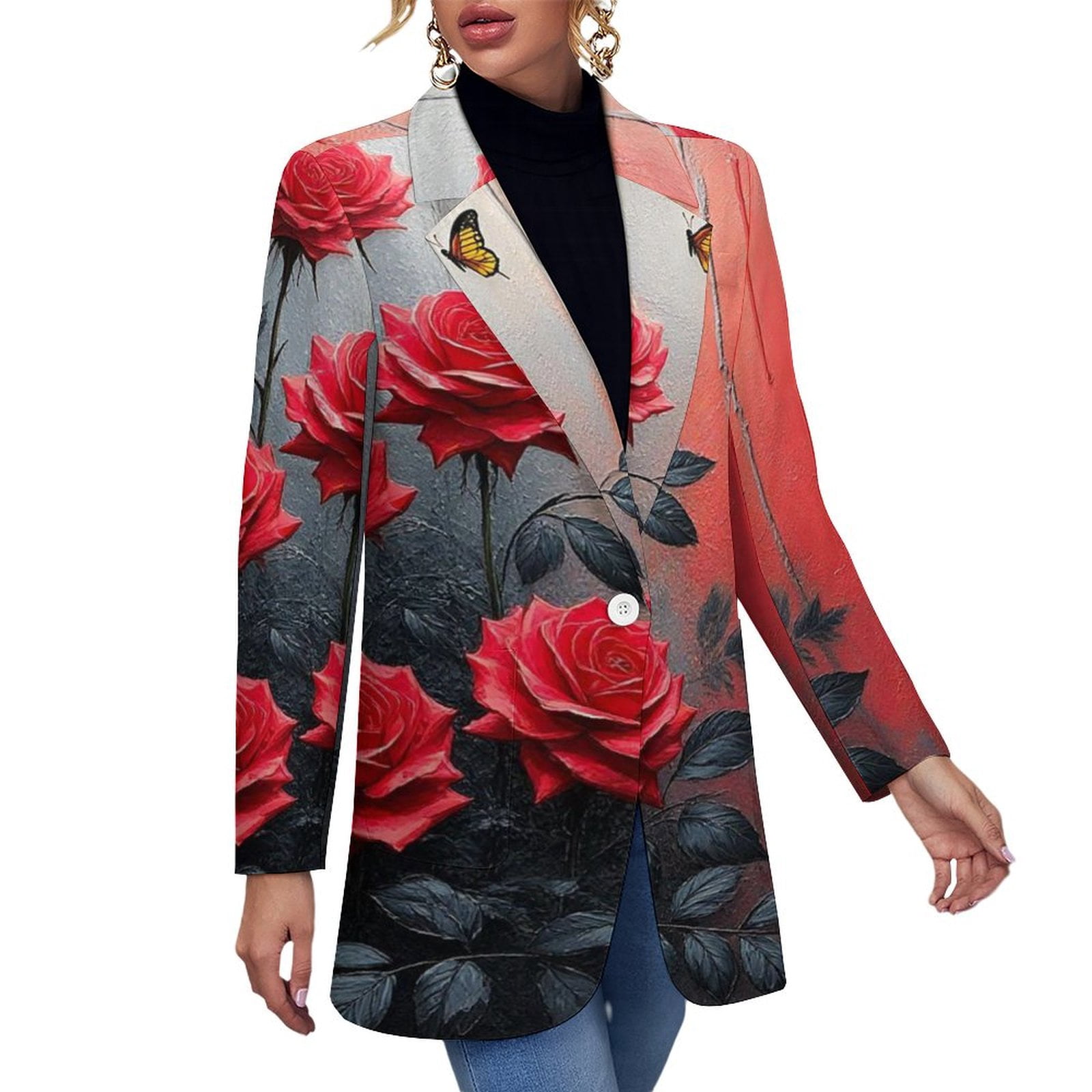 Red Rose Butterfly Woman Casual Loose Suits Summer Jacket Woman ...
