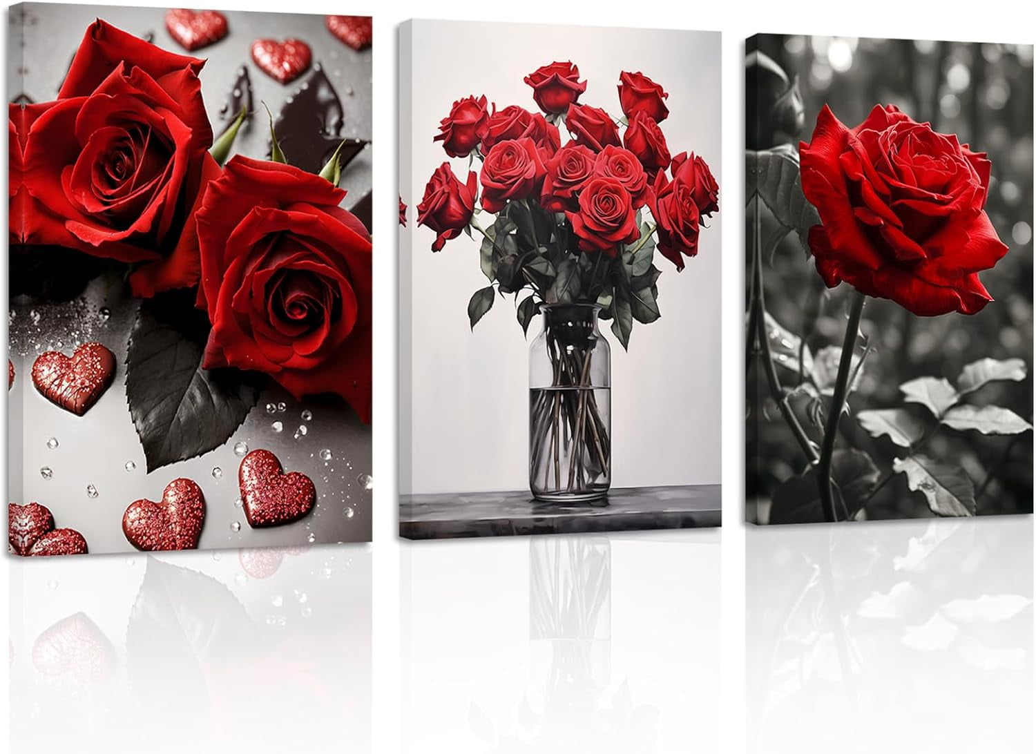 Red Rose Canvas Wall Art 3 Pieces Elegant Rose Flower Painting Prints ...