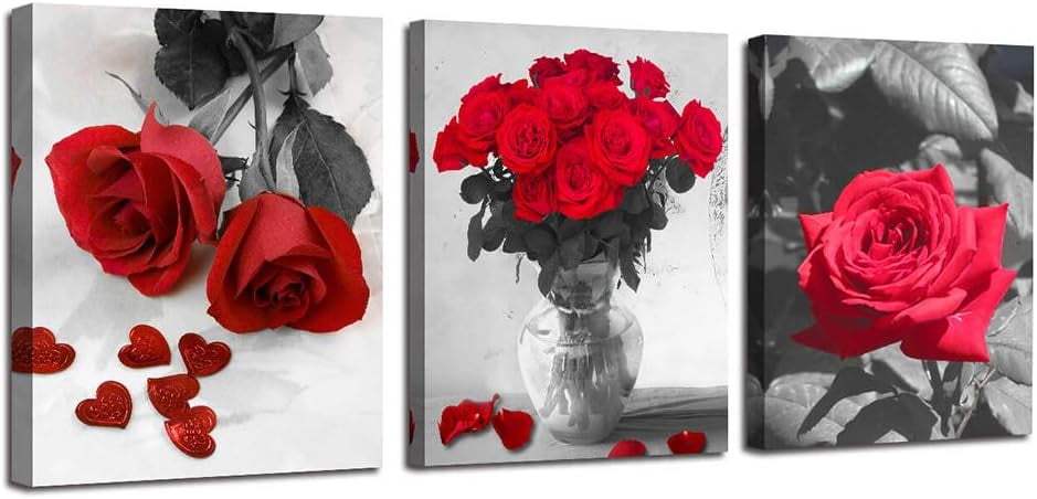 Red Rose Canvas Wall Art Flowers Pictures Bathroom Decor, Black White ...