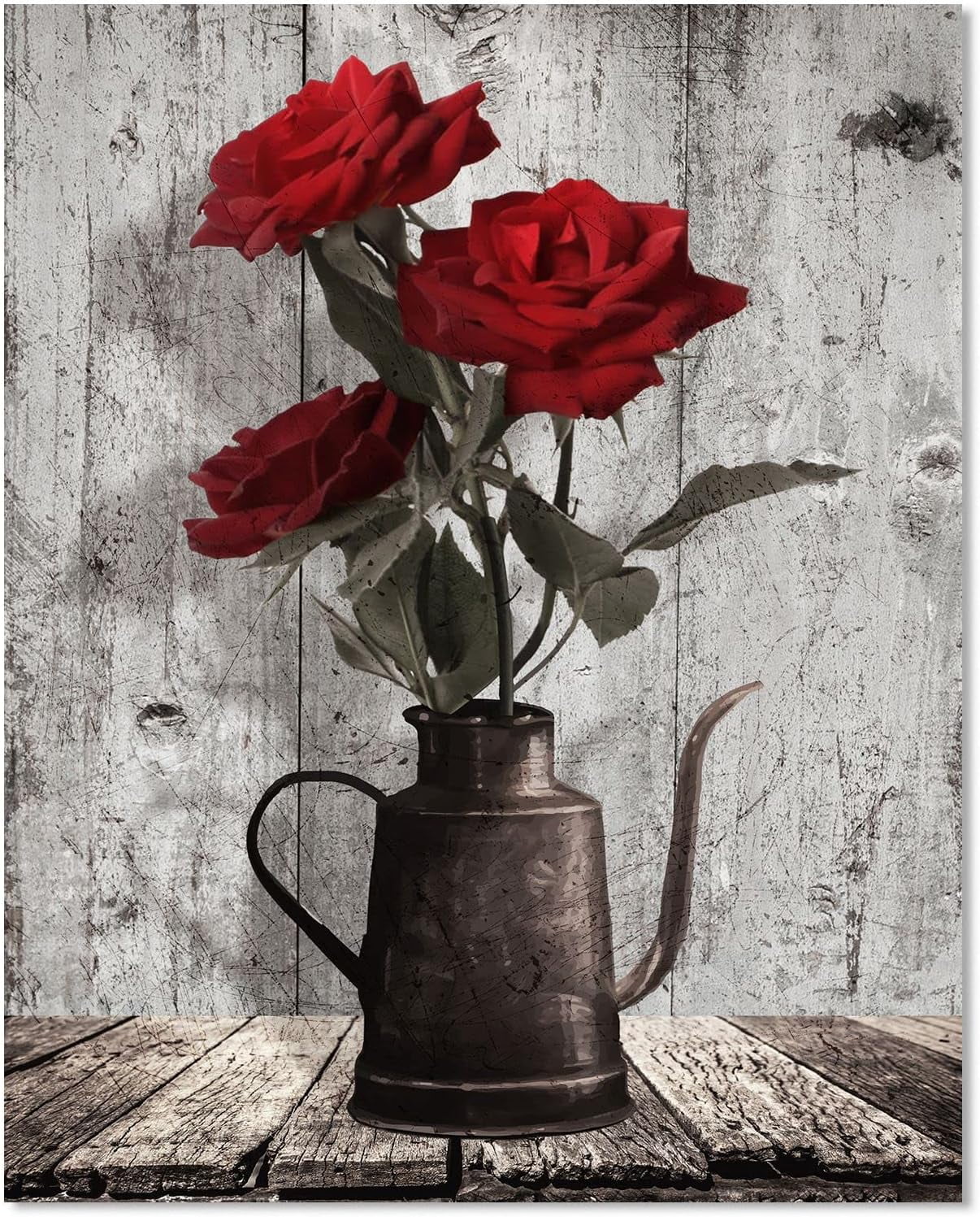 Red Rose Canvas Wall Art: Rustic Black White Flower Framed Bedroom ...