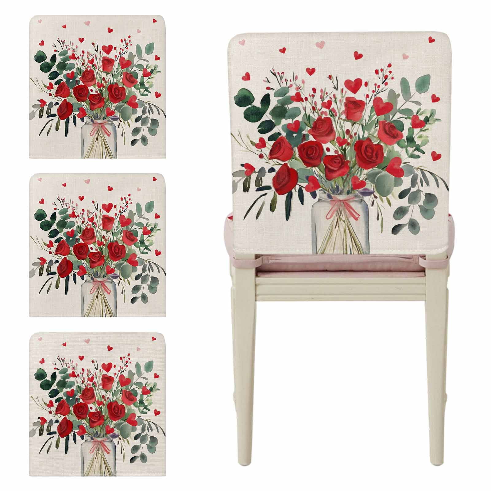Red Rose Chair Back Covers Set of 8, Eucalyptus Leaf Floral Linen ...