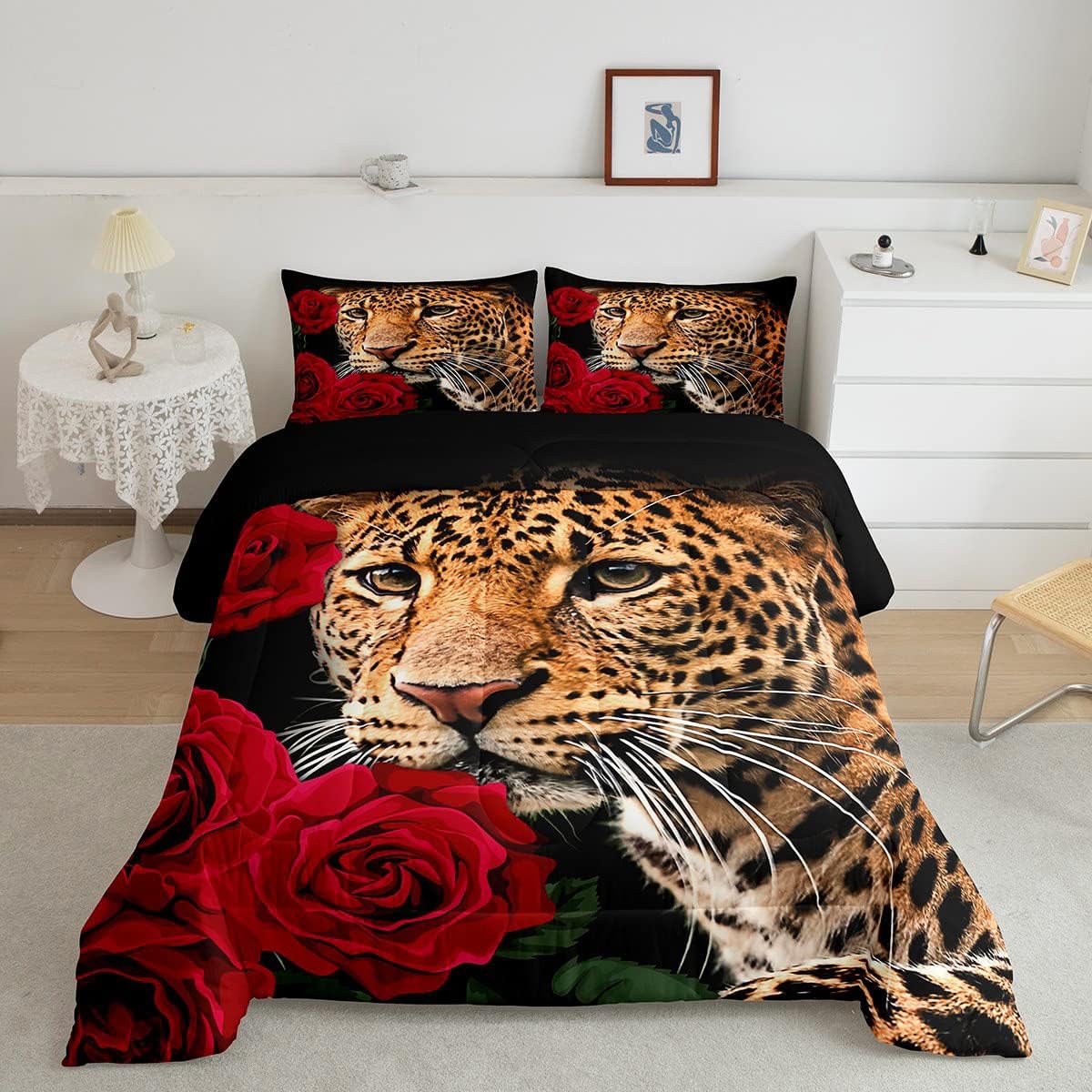 Red Rose Cheetah Bedding Set,Cat Leopard Print Comforter Set,Romantic ...