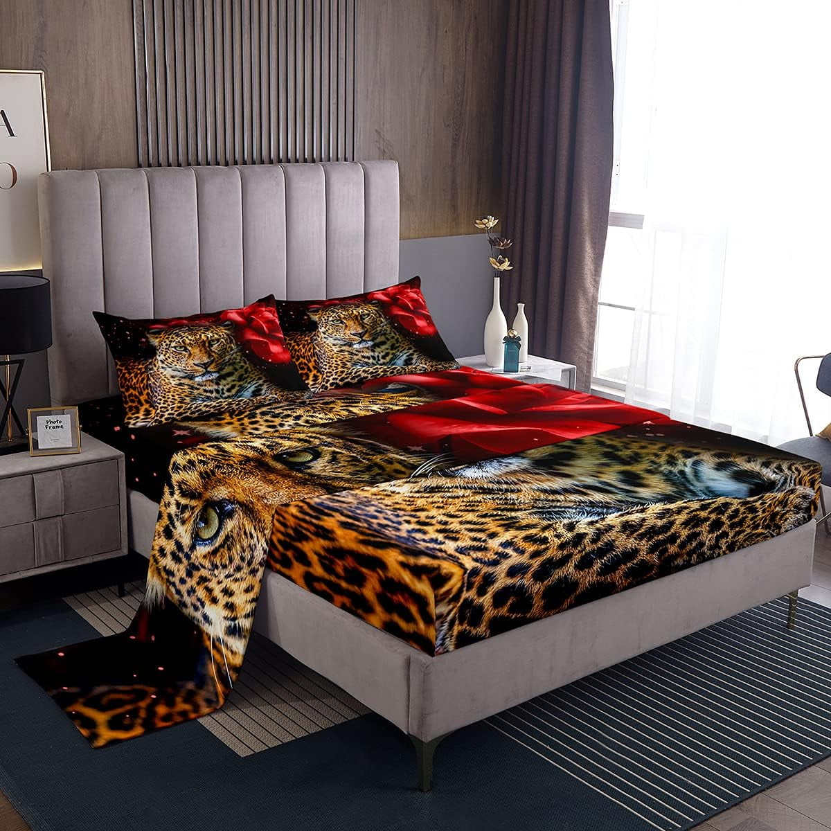 Red Rose Cheetah Bedding Set,Cat Leopard Print Sheet Set,Romantic ...