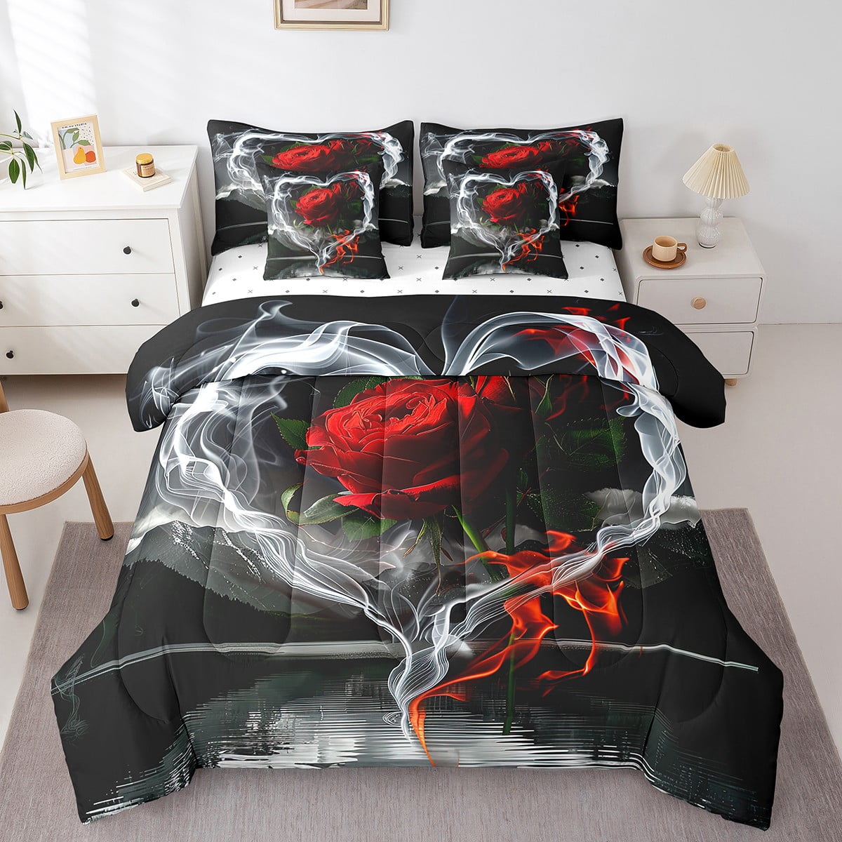 Red Rose Comforter Set 7 Piece Bed in a Bag Twin,Romantic Flowers ...