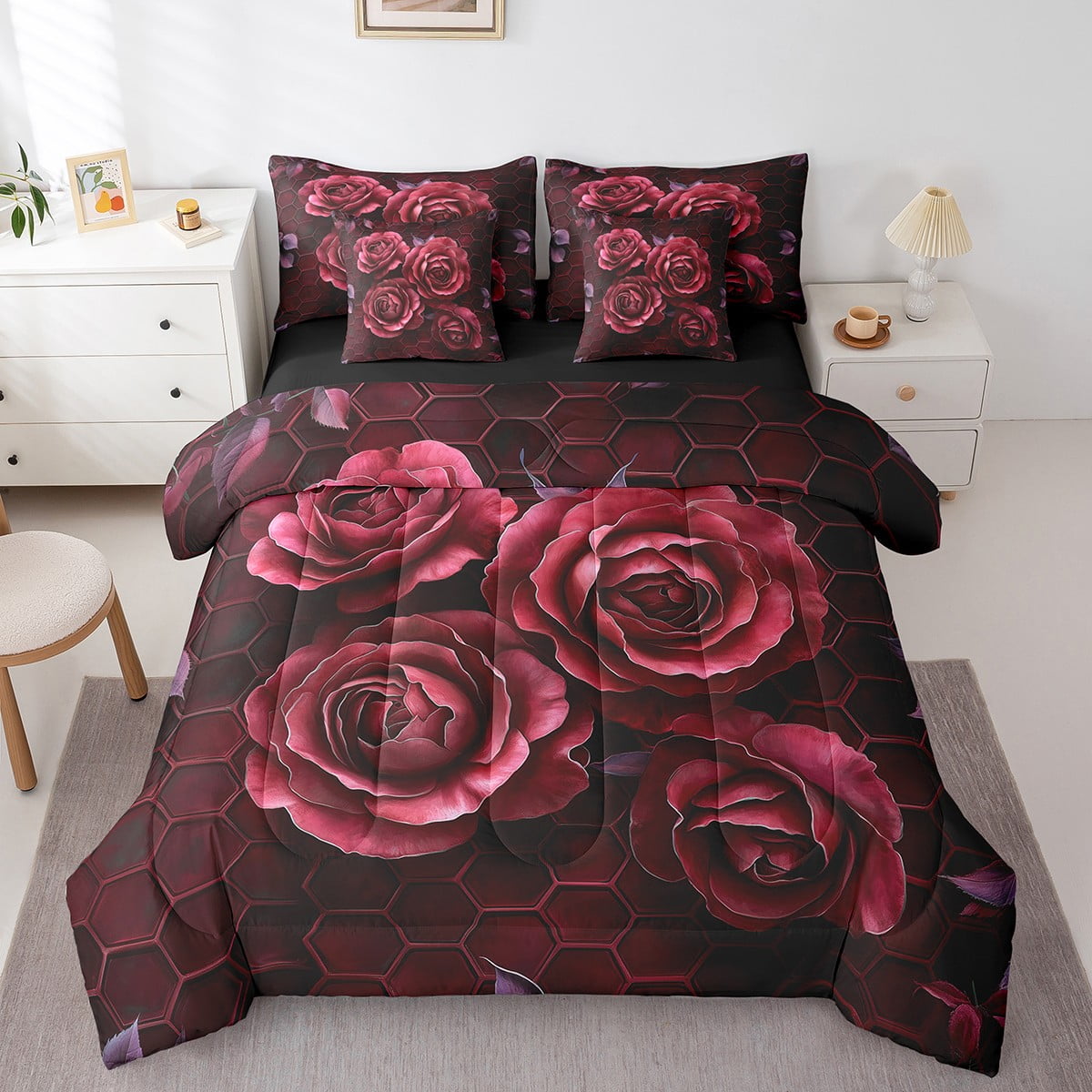 Red Rose Comforter Set 7 Pieces,Romantic Flowers Plants Bed Set,Modern ...