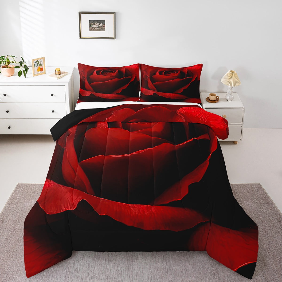 Red Rose Comforter Set Full Size,Romantic Floral Red and Black Down ...