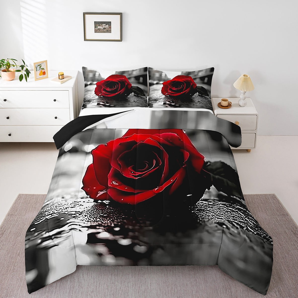 Red Rose Comforter Set King, Vintage Rose Floral Decor Bedding Romance ...
