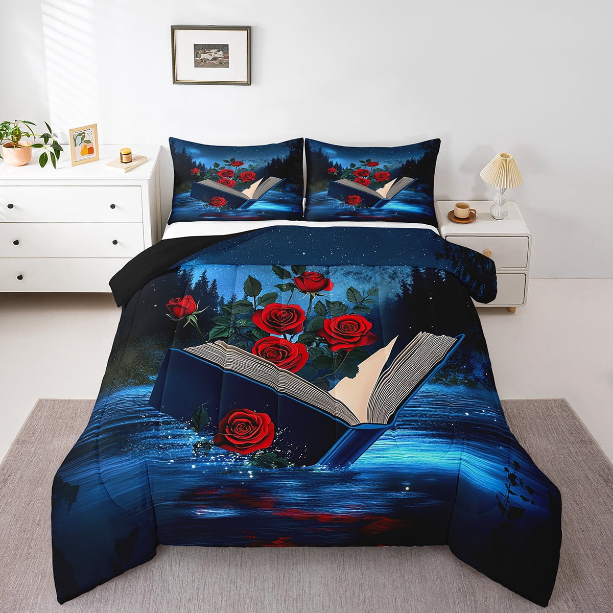 Red Rose Comforter Set Queen Rustic Farm Floral Bedding Blue Galaxy ...
