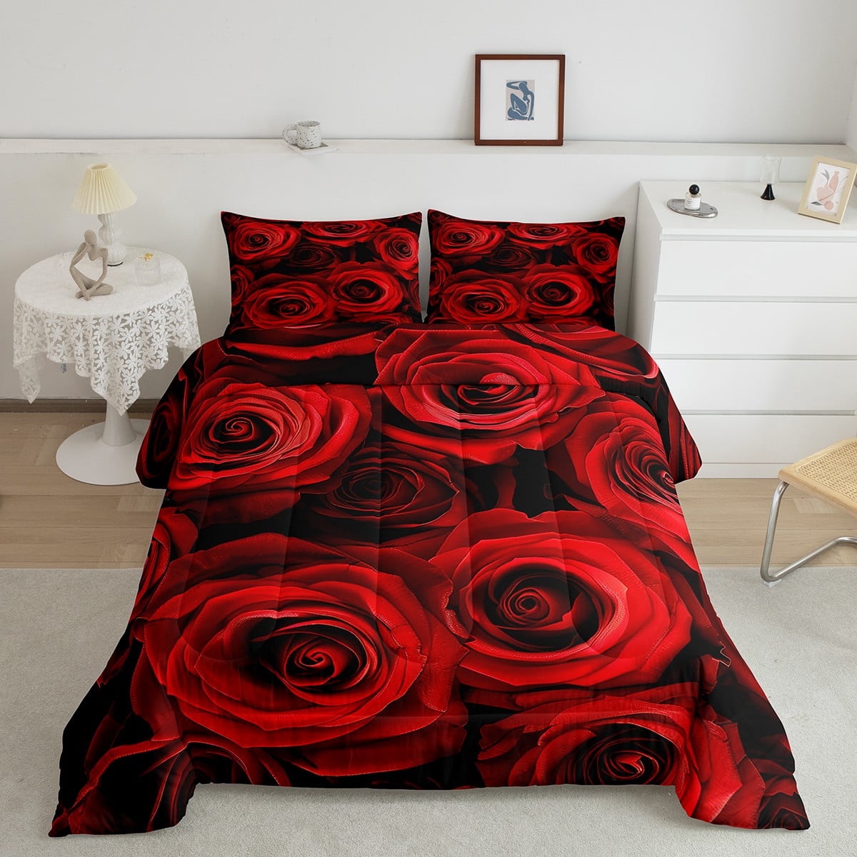 Red Rose Comforter Set Queen Size, Ombre Red Black Floral Bedding Set ...