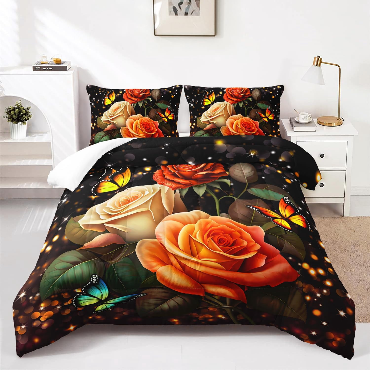 Red Rose Comforter Set Size 3D Printed Fire Rose Bedding Set for Room r ...