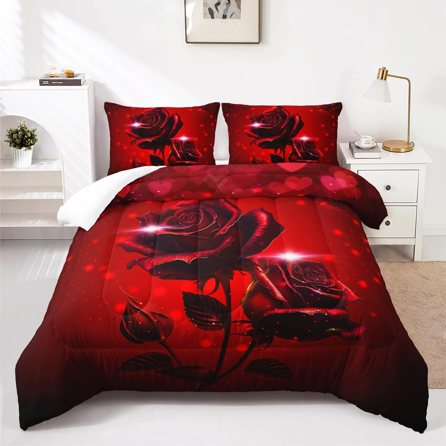 Red Rose Comforter Set Size 3D Printed Fire Rose Bedding Set for Room r ...