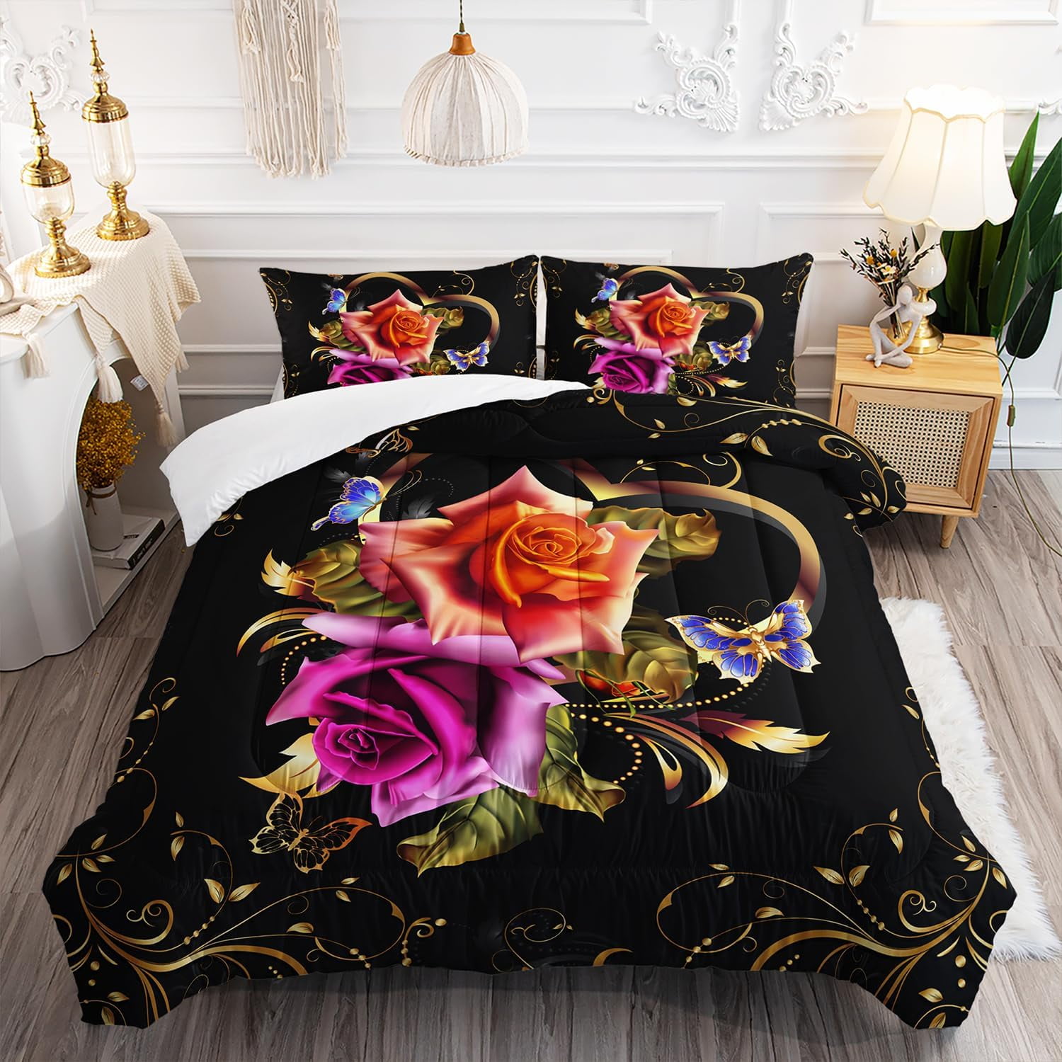 Red Rose Comforter Set Size 3D Printed Fire Rose Bedding Set for Room r ...