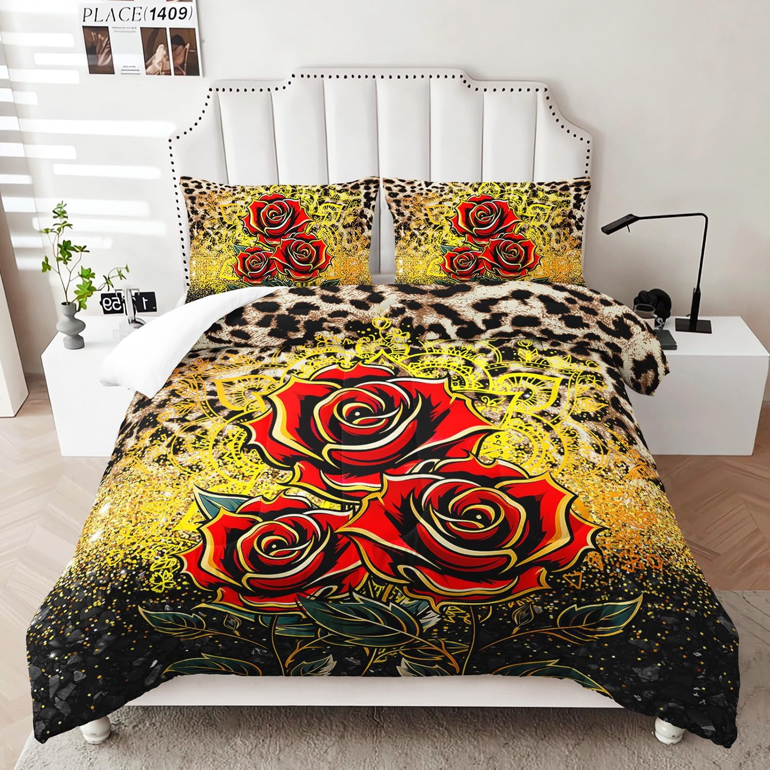 Red Rose Comforter Set Size 3D Printed Fire Rose Bedding Set for Room r ...
