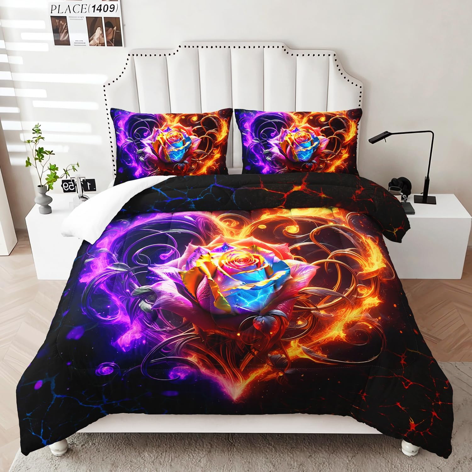 Red Rose Comforter Set Size 3D Printed Fire Rose Bedding Set for Room r ...