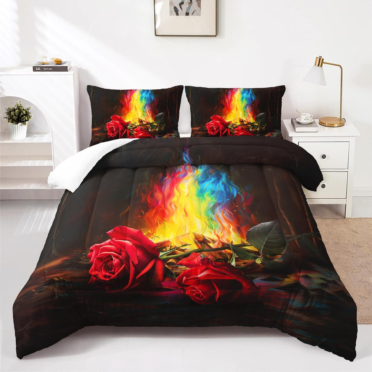 Red Rose Comforter Set Size 3D Printed Fire Rose Bedding Set for Room r ...