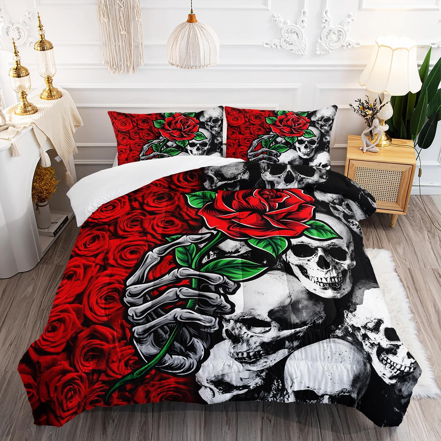 Red Rose Comforter Set Size 3D Red Floral Bedding Set Red and Black ...