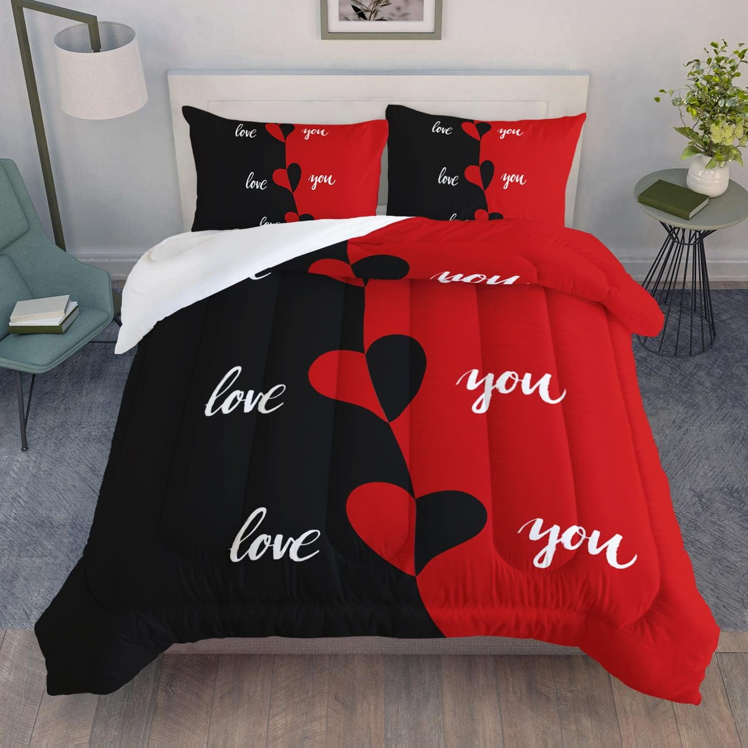 Red Rose Comforter Set Size 3D Red Floral Bedding Set Red and Black ...