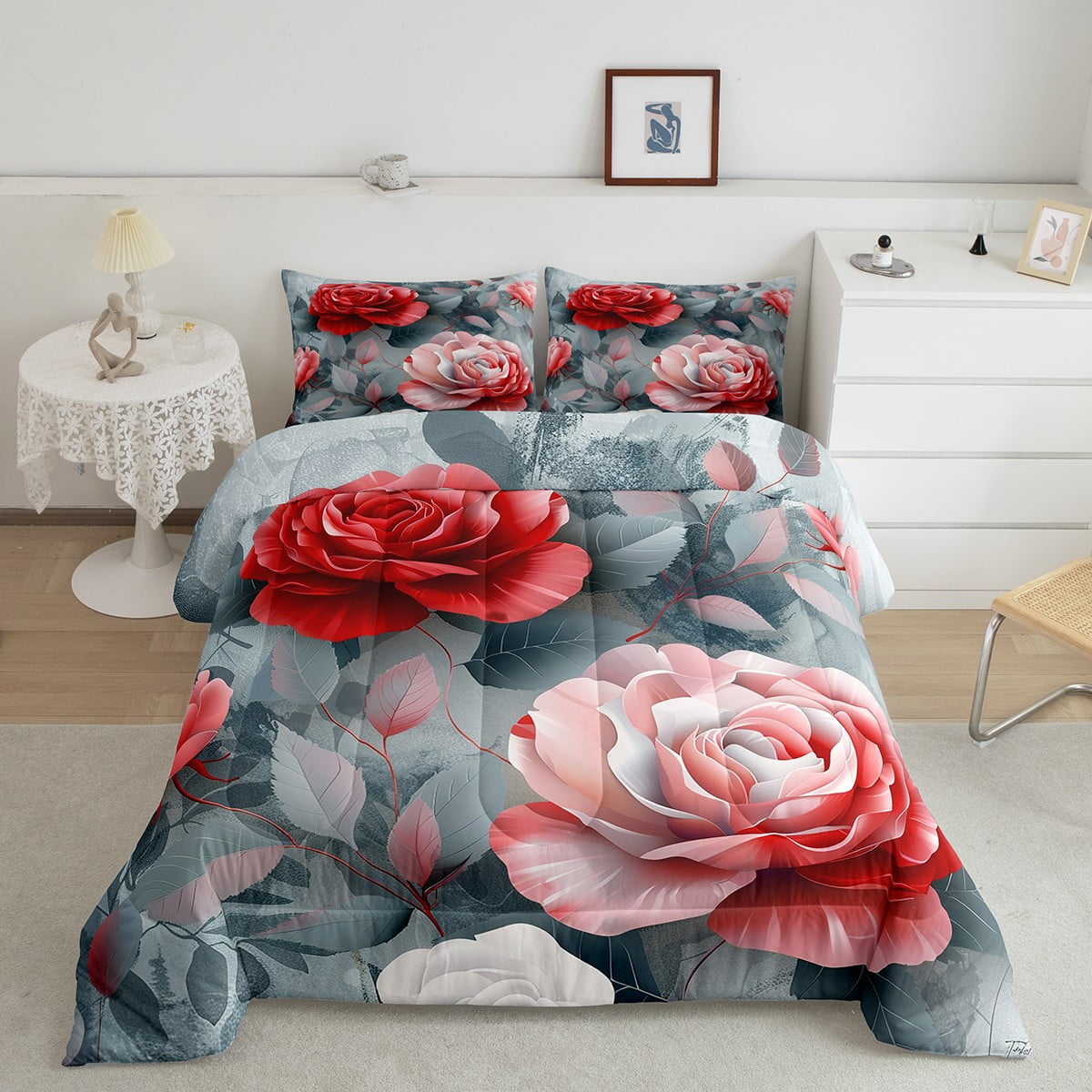 Red Rose Comforter Set Flowers Bedding Set,Boho Floral Down Comforter ...