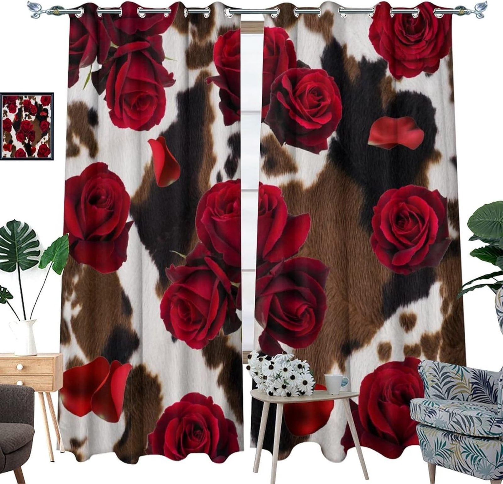 Red Rose Cow Print Blackout Curtain Farm Animals Skin Brown Cow Print ...