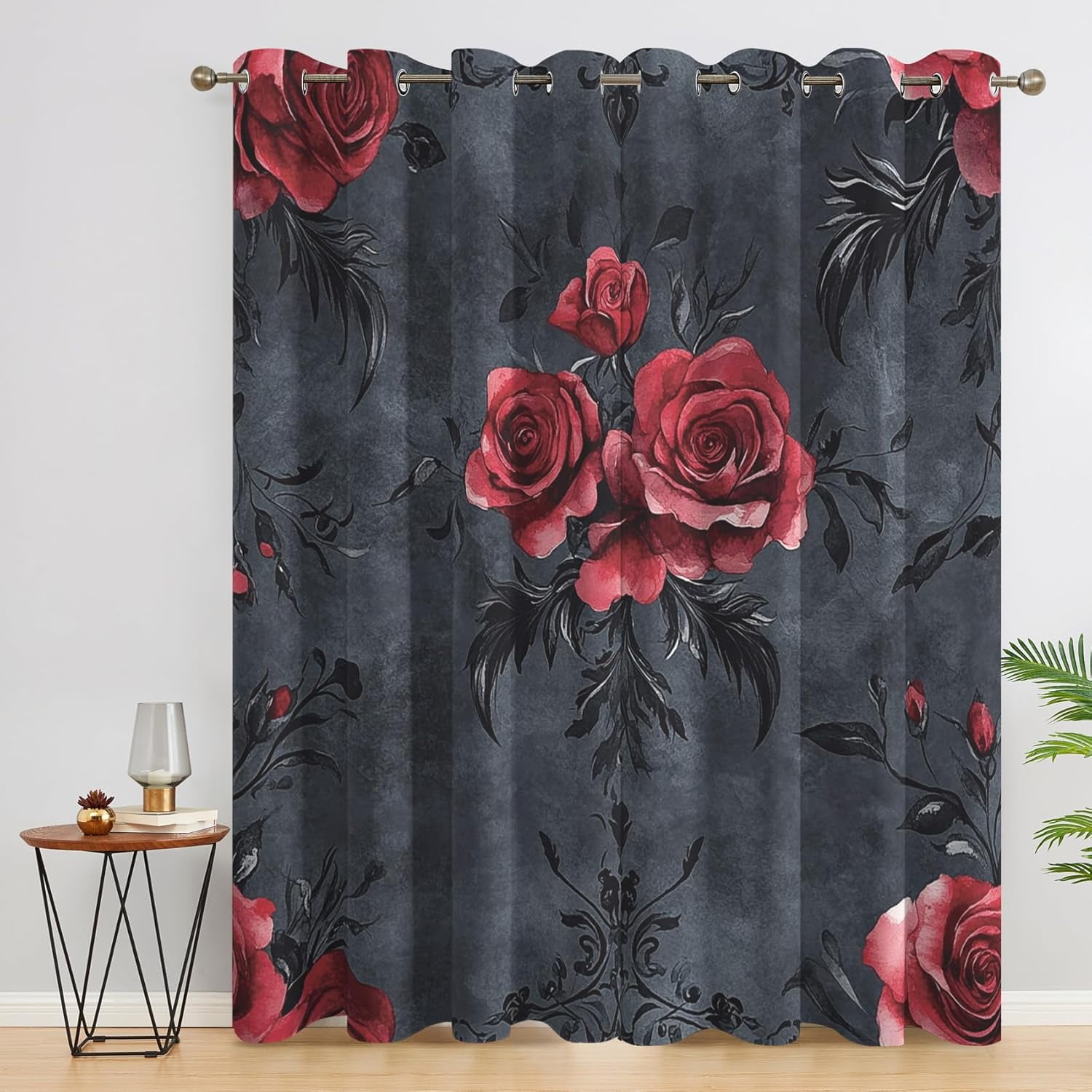 Red Rose Curtains For Bedroom Living Room, Dark Black Floral Blackout ...