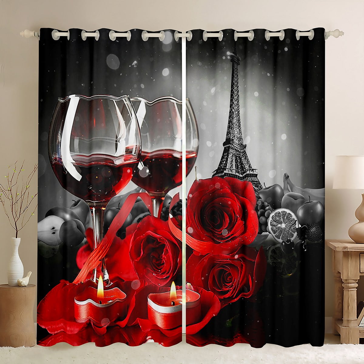 Red Rose Curtains, Romantic 3D Rose Blackout Curtains, Wine Glass ...