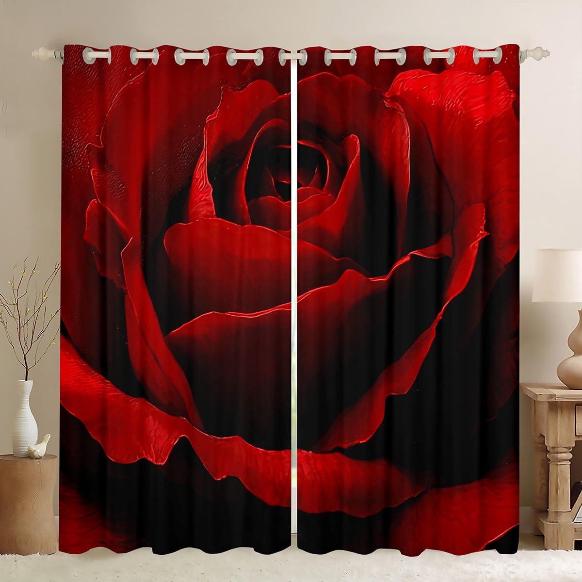 Red Rose Curtains,Romantic Floral Red and Black Window Curtains Drapes ...