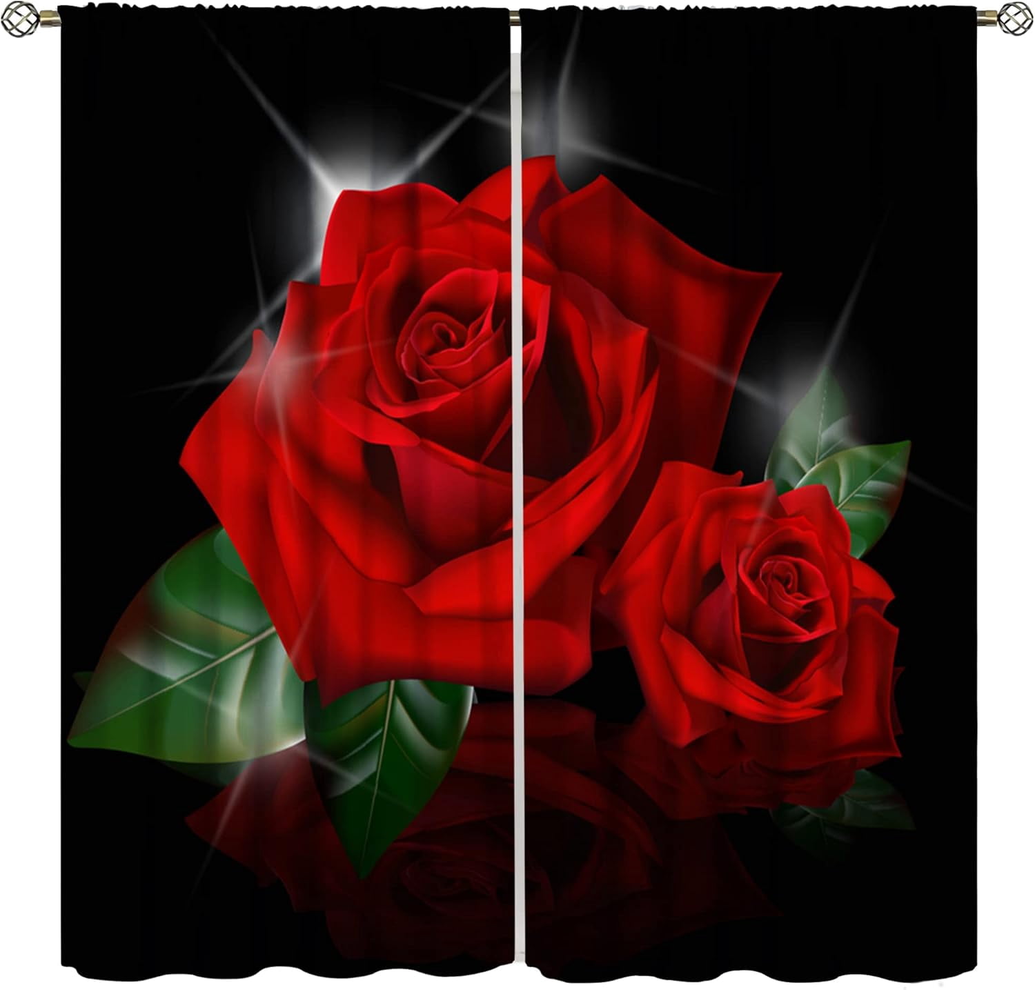 Red Rose Curtains, Romantic Rose Print Blackout Curtains Burgundy Red ...