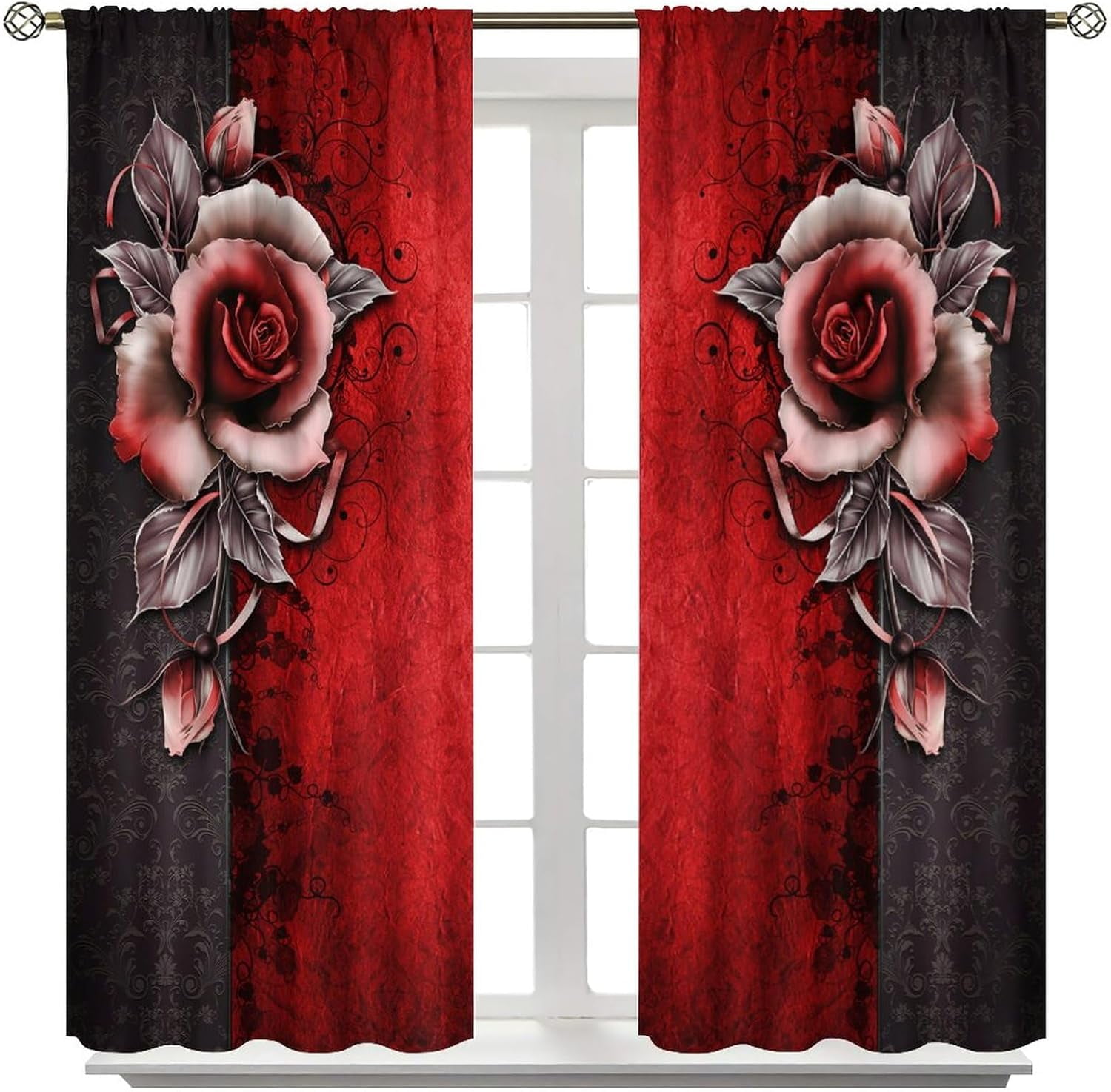 Red Rose Curtains, Romantic Rose Print Blackout Curtains Burgundy Red ...