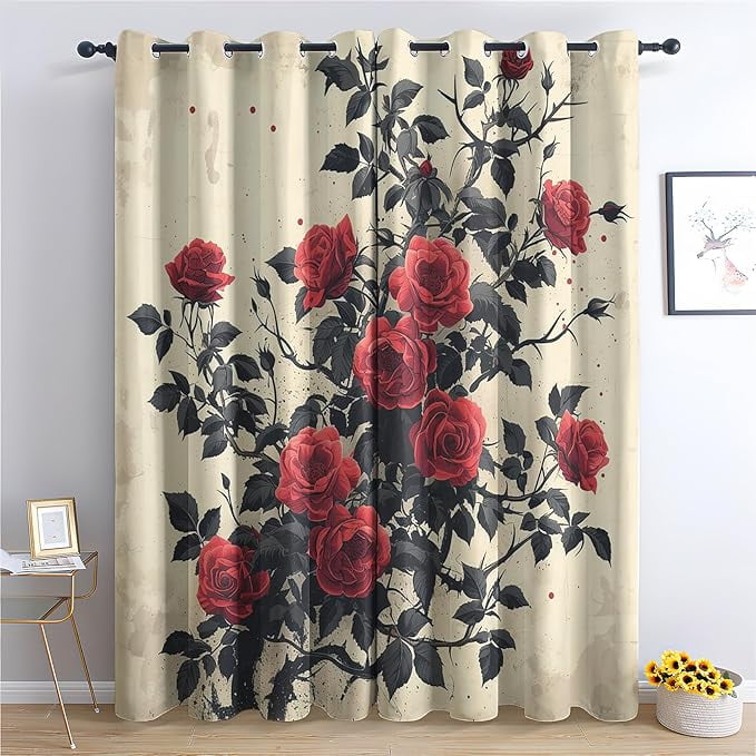 Red Rose Curtains Set, Floral Leaf Blackout Curtains For Bedroom Living ...