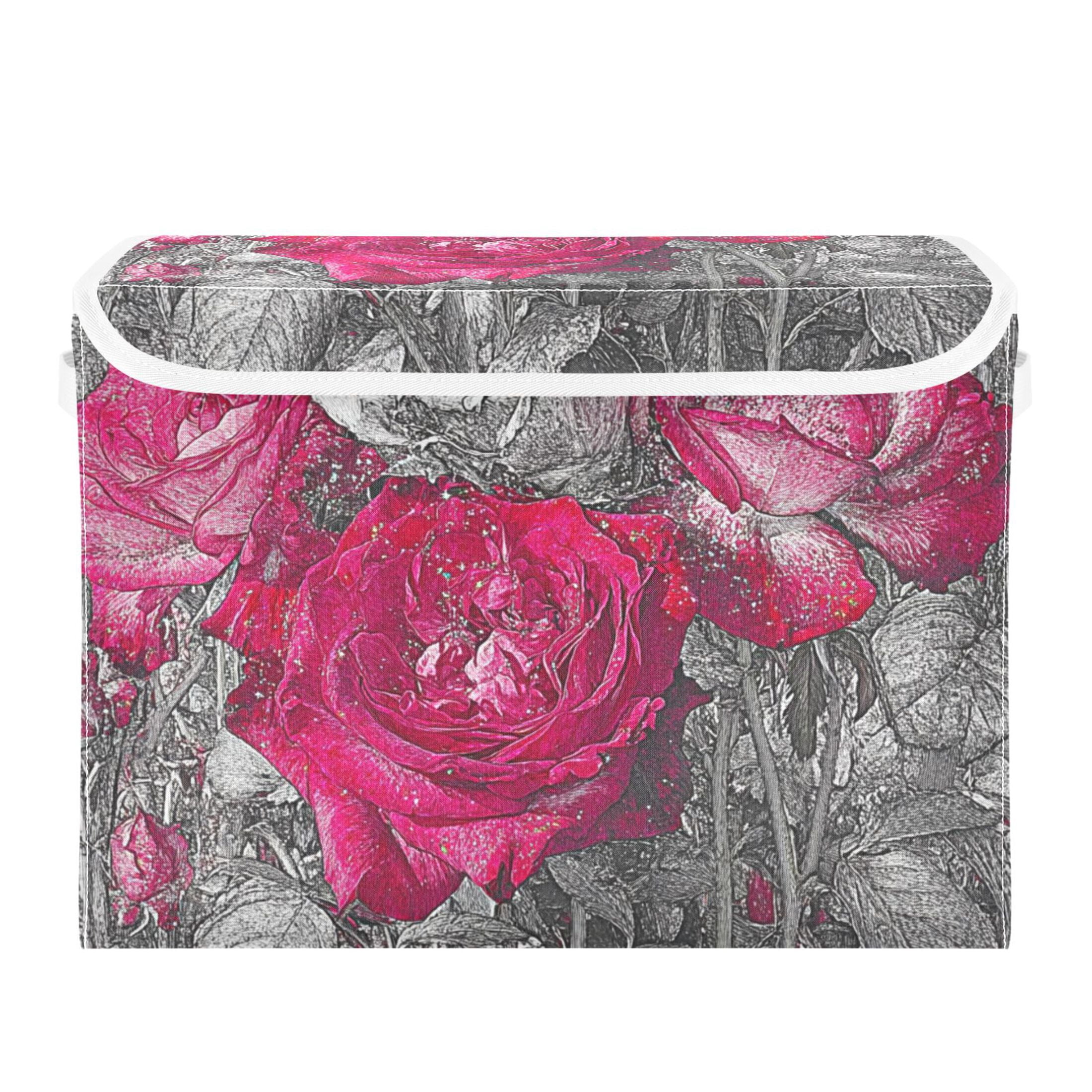 Red Rose Design Large Storage Bins with Linen Collapsible Lid Storage ...