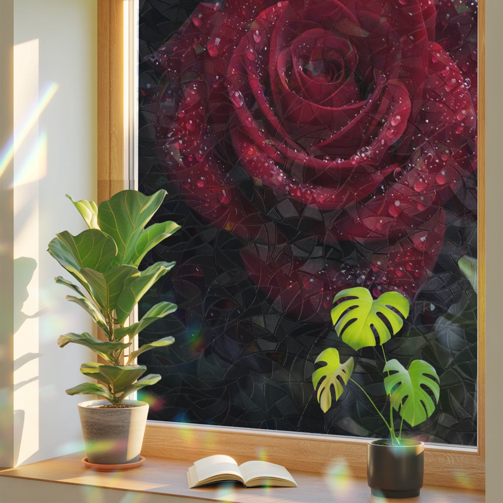 Red Rose Dew Drops Window Privacy Film, Country Pastoral Romantic ...