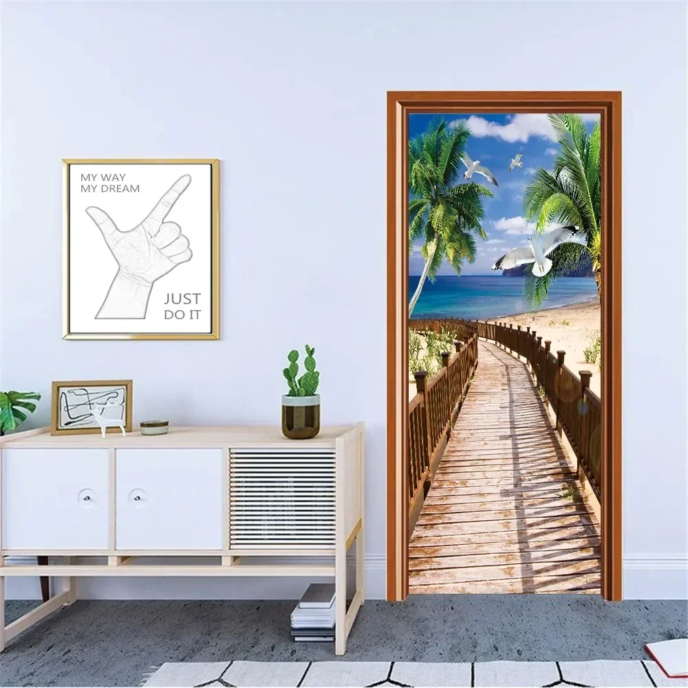 Red Rose Door Stickers Ocean Beach Landscape PVC Waterproof Mural Decal ...