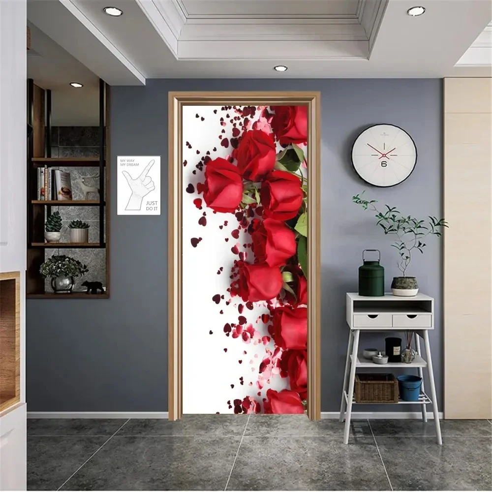 Red Rose Door Stickers Ocean Beach Landscape PVC Waterproof Mural Decal ...