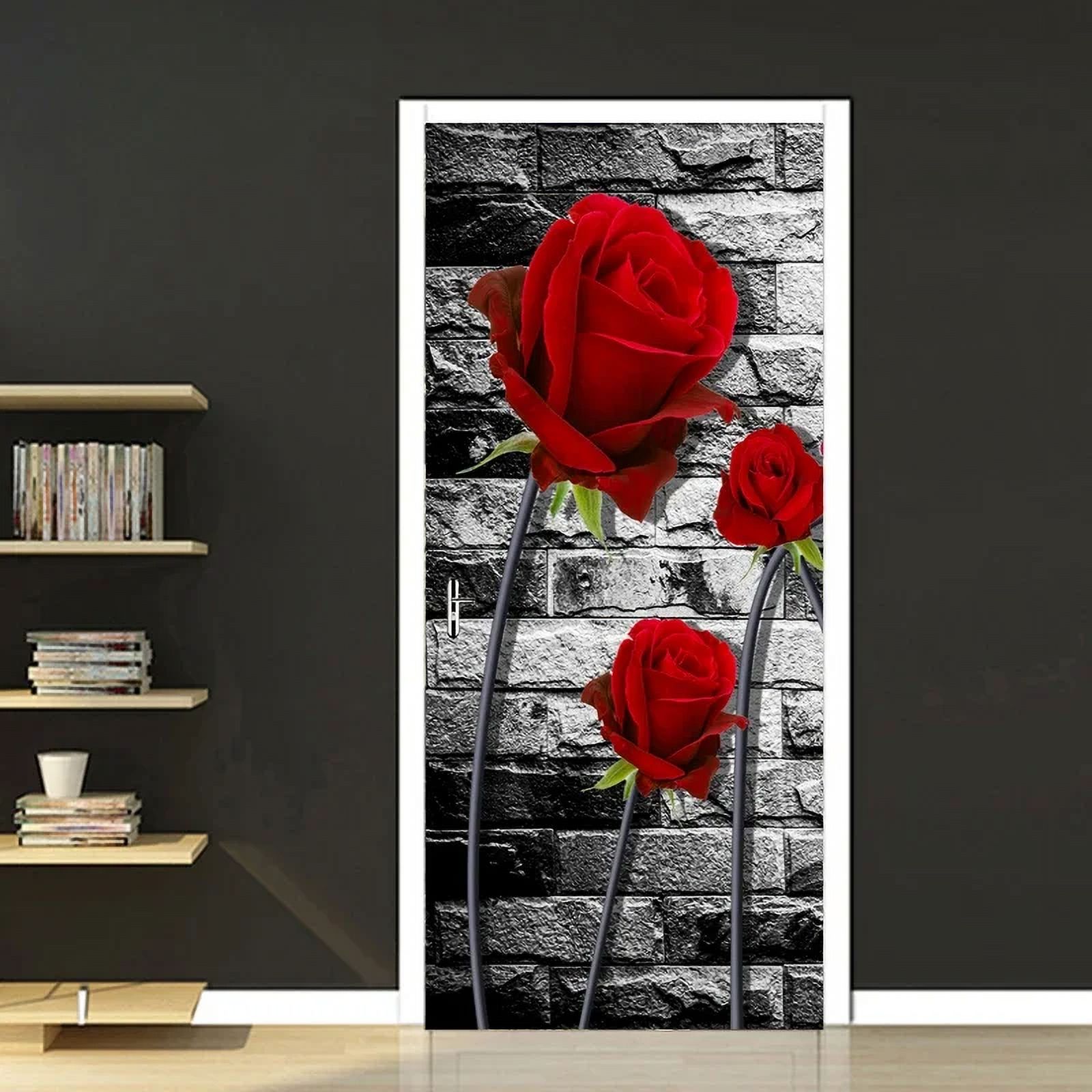 Red Rose Door Stickers Valentine's Day Flowers Wallpaper tic Floral D ...