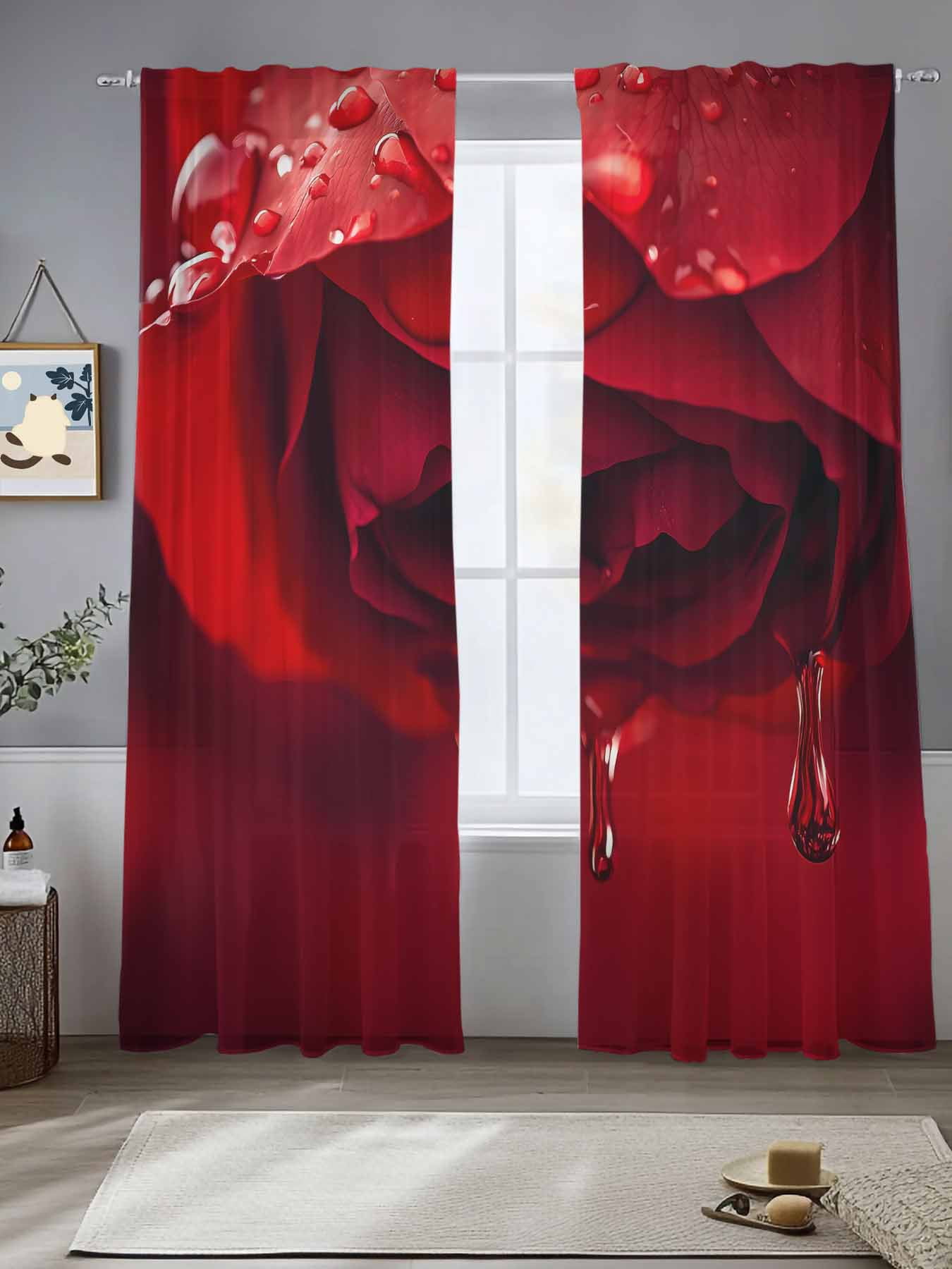 Red Rose with Drops Sheer Curtains 108 Inches Long 2 Panels Abstract ...