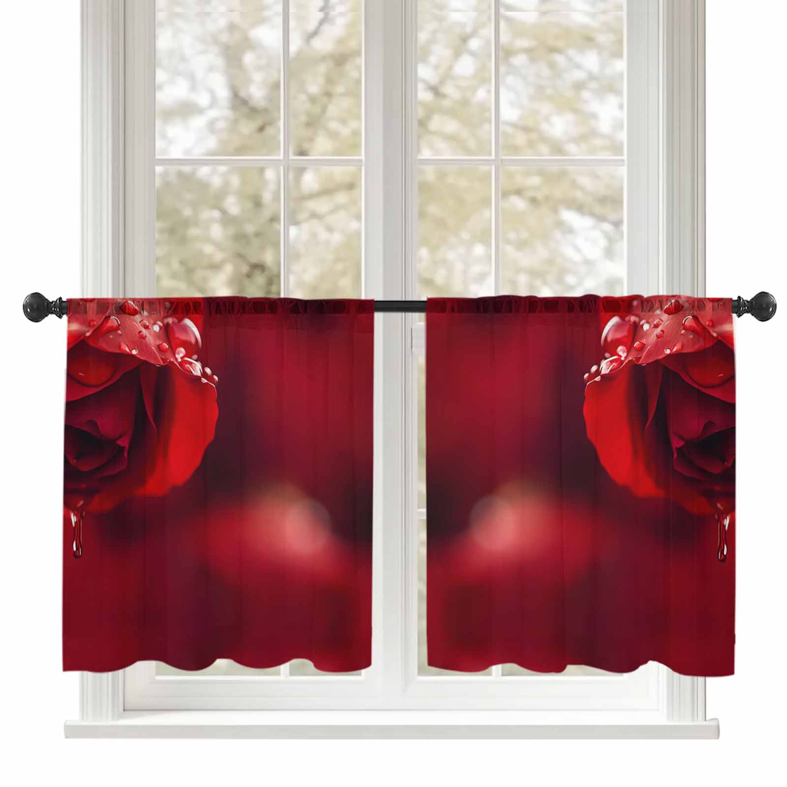 Red Rose with Drops Sheer Curtains 54 inches Long, Abstract Art Nature ...