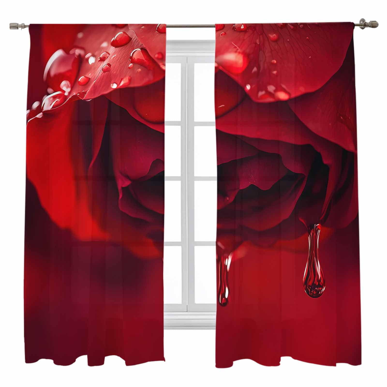 Red Rose with Drops Sheer Curtains 63 inches Long, Abstract Art Nature ...