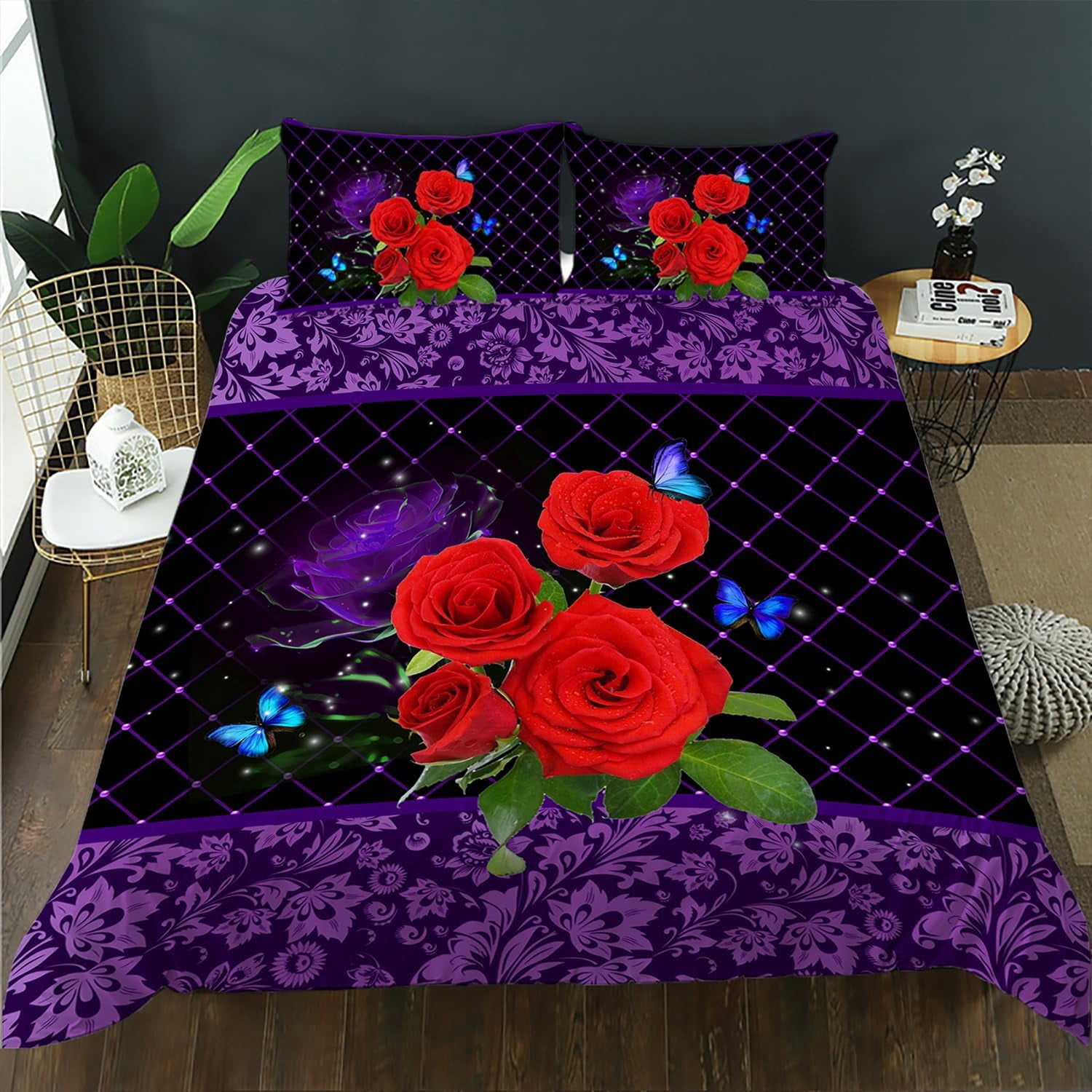 Red Rose Duvet Cover, 3D Oil Red Rose Bedding Set for Girls Women ...
