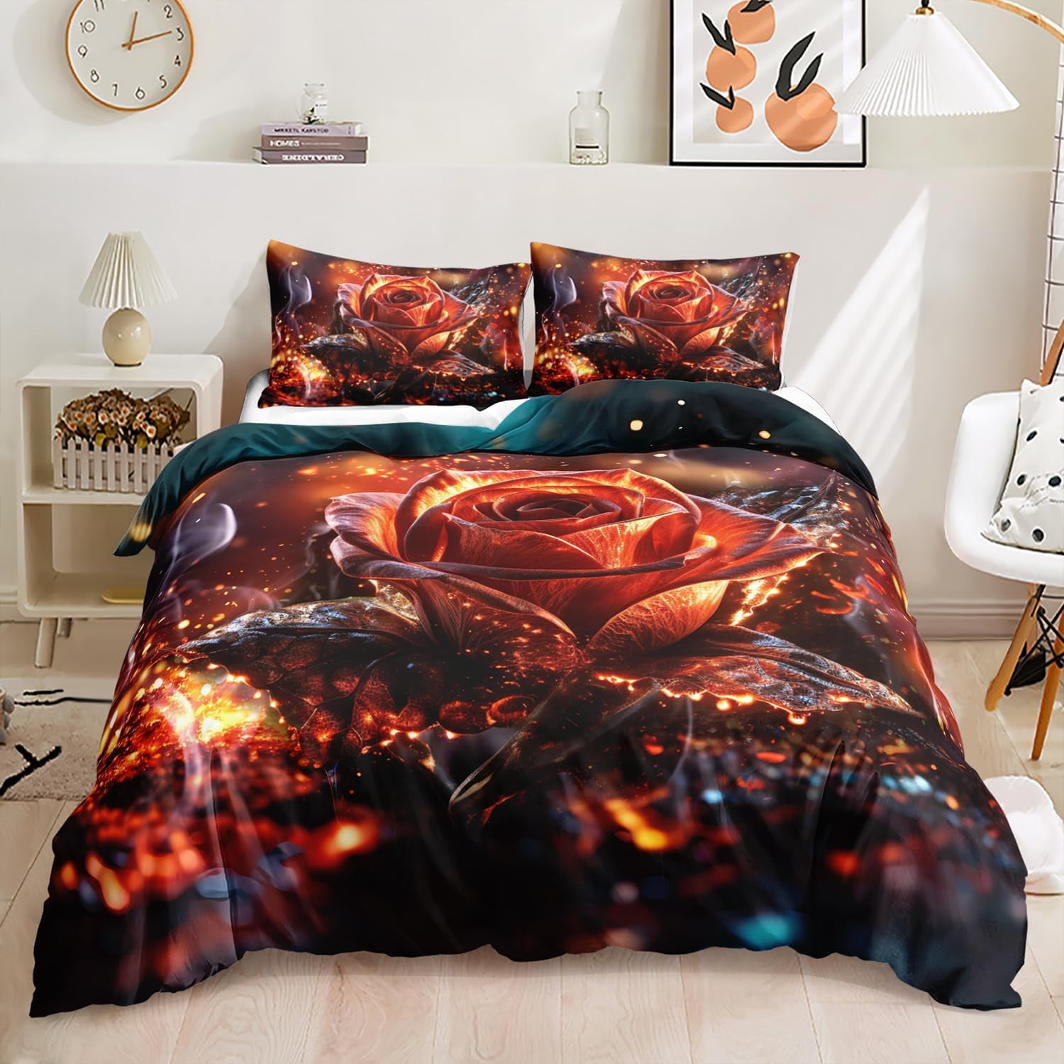 Red Rose Duvet Cover Set, 3D Printed Fire Rose Comforter Cover Set for ...