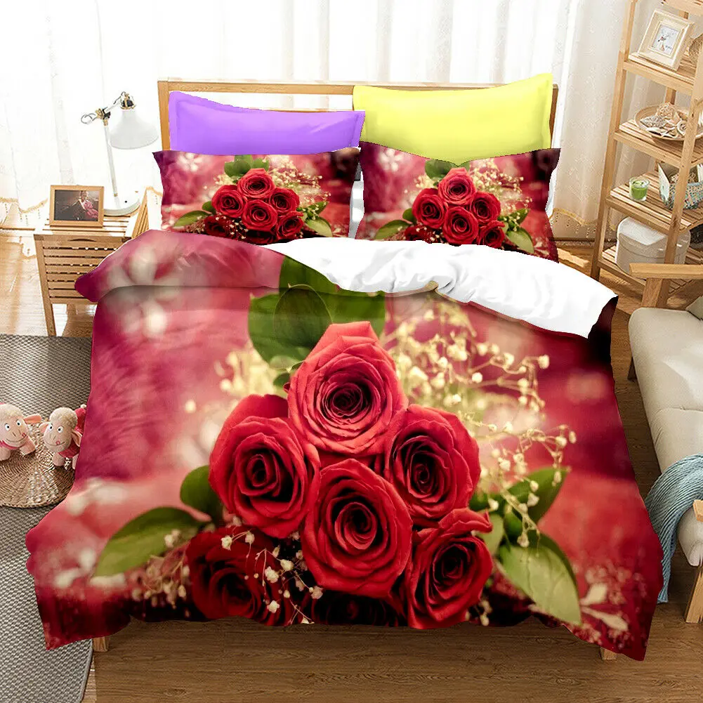 Red Rose Duvet Cover Set Flower 3D Passionate Rose Romantic Bedding Set ...