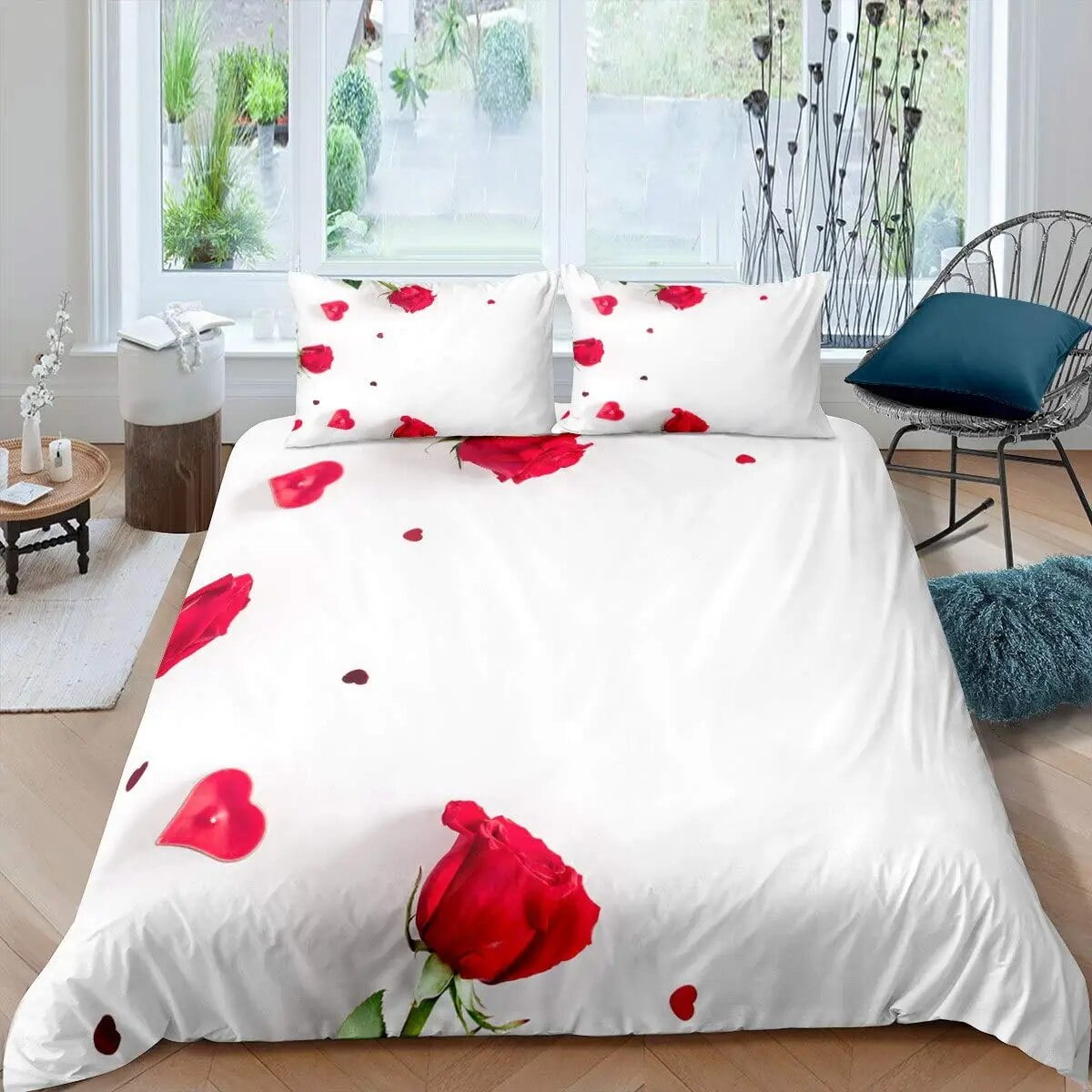 Red Rose Duvet Cover Set Rose Flower Print Bedding Set Romantic Fresh