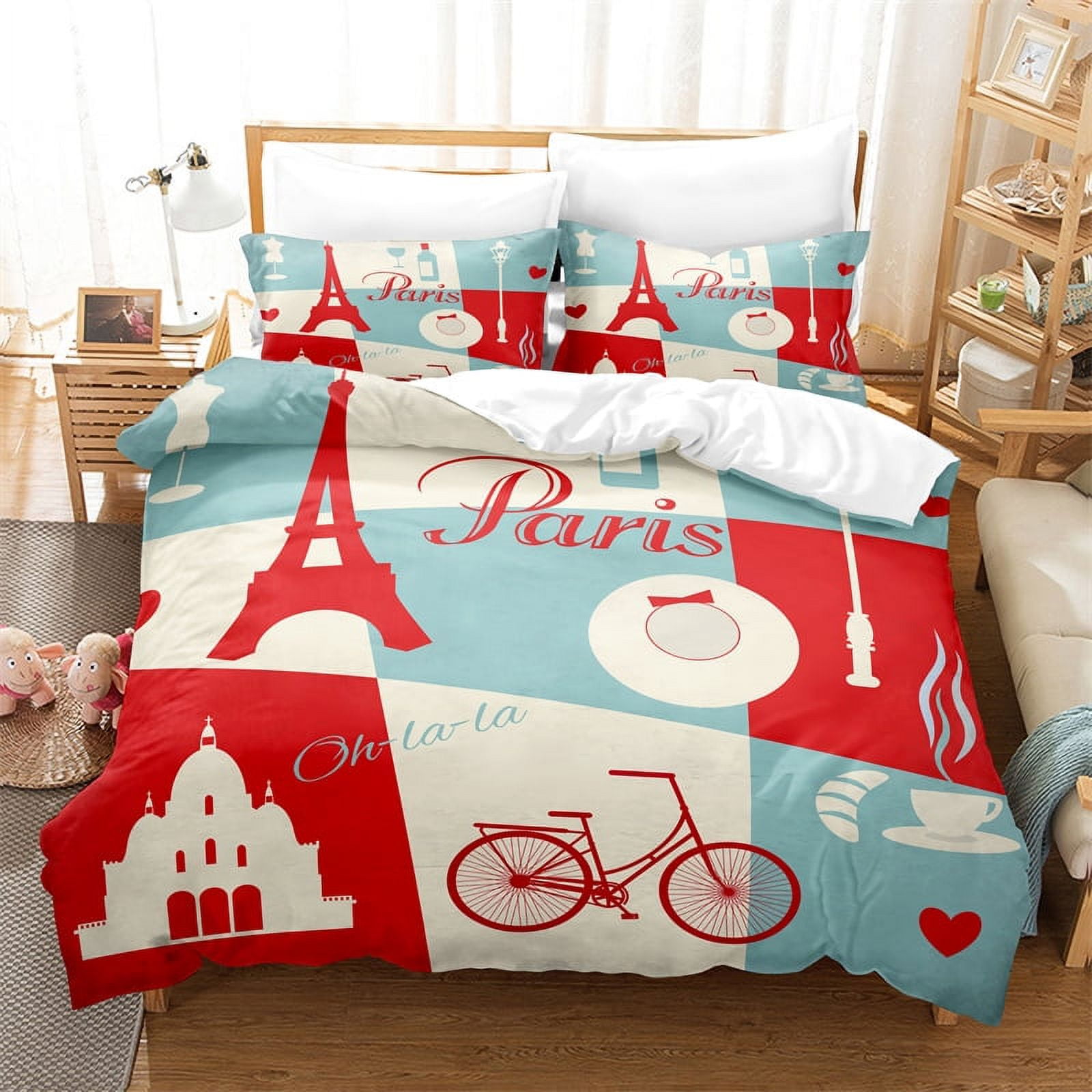 Red Rose，Eiffel Tower Duvet Cover Set Girl Quilt Cover Fashion Gorgeous ...