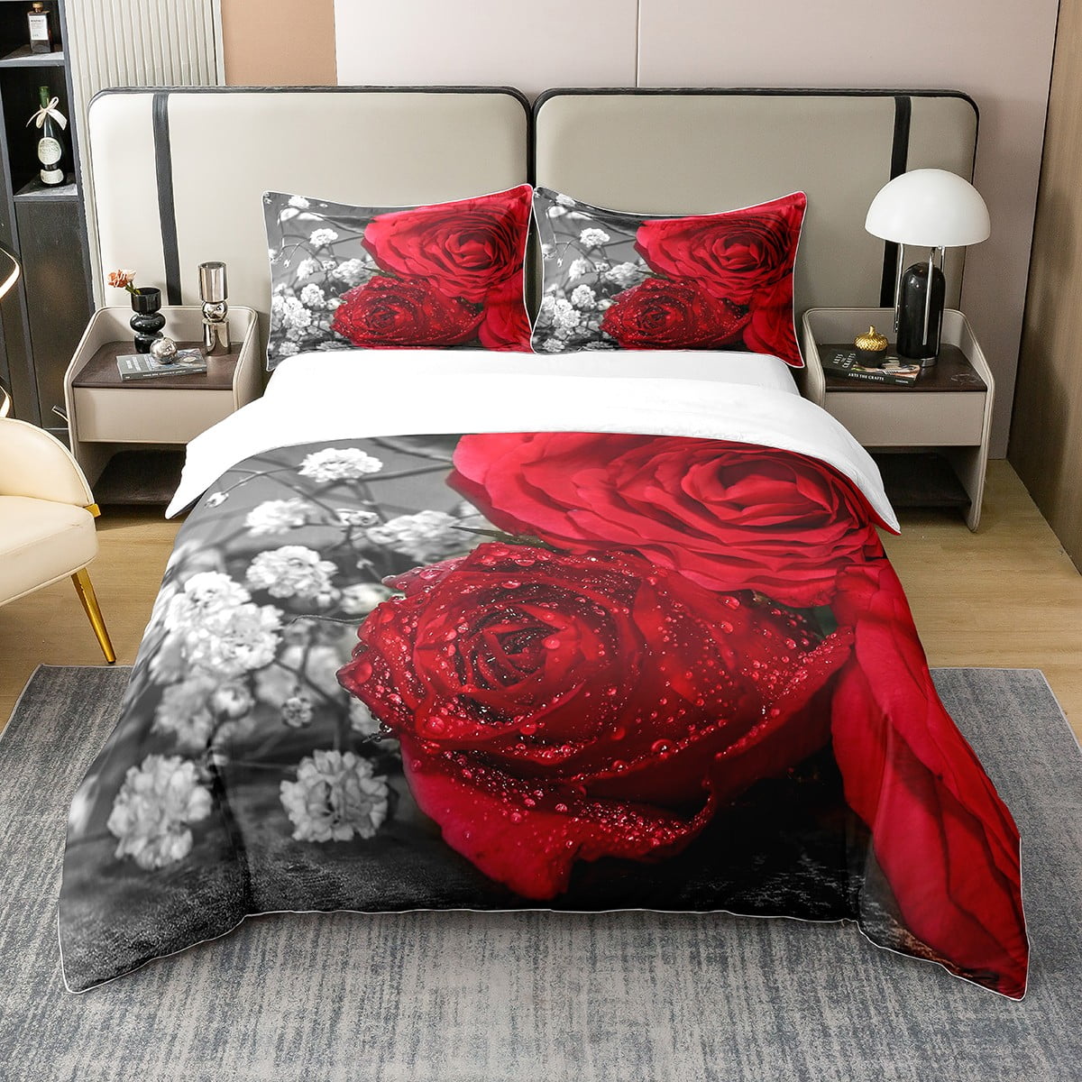 Red Rose Floral 100% Cotton Duvet Cover Twin, 3D Printed Blossom ...