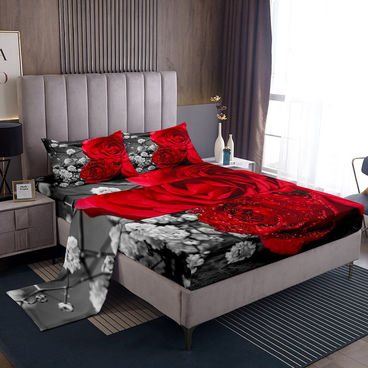 Red Rose Floral Bed Sheets Set Twin Size, 3D Printed Blossom Flowers ...