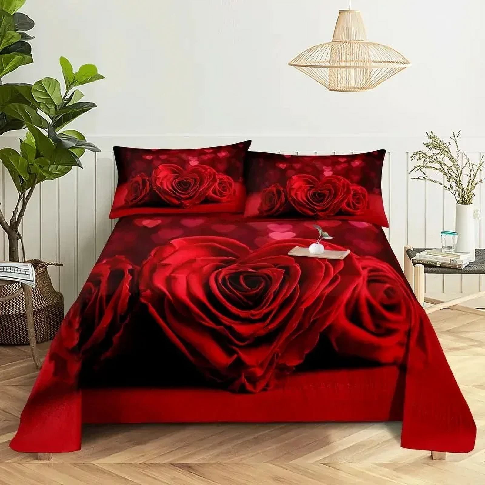 Red Rose Floral Bedding Set King Microfiber Flower Print Duvet Cover ...