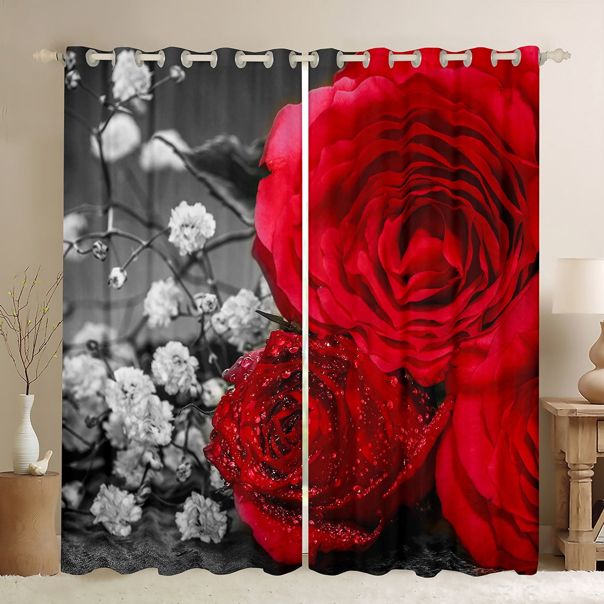 Red Rose Floral Blackout Curtains, 3D Printed Blossom Flowers Darkening ...