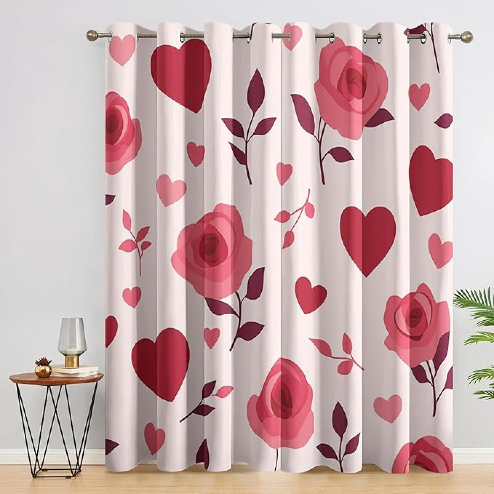 Red Rose Floral Blackout Curtains - Romantic Heart & Botanical Print ...