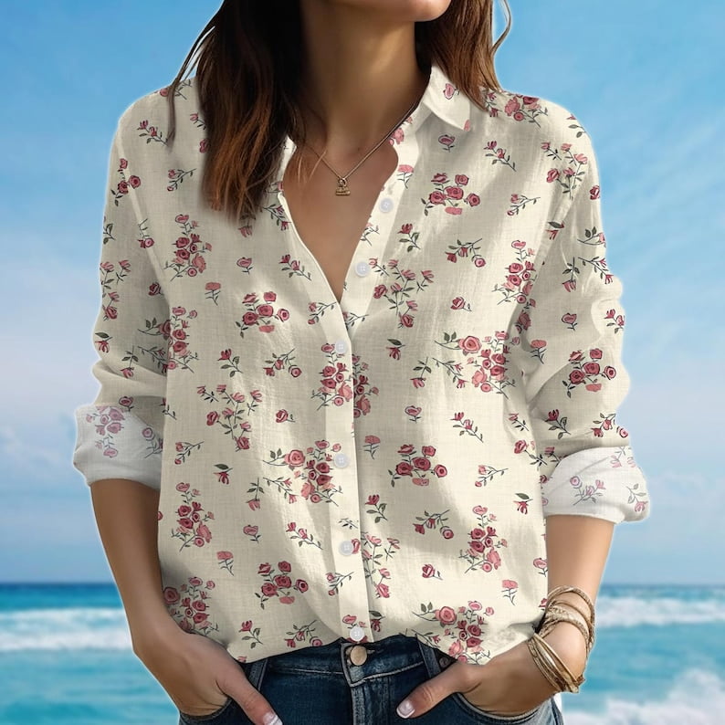 Red Rose Floral Blouse Women's Casual Shirt, Vintage Button Down Shirt ...